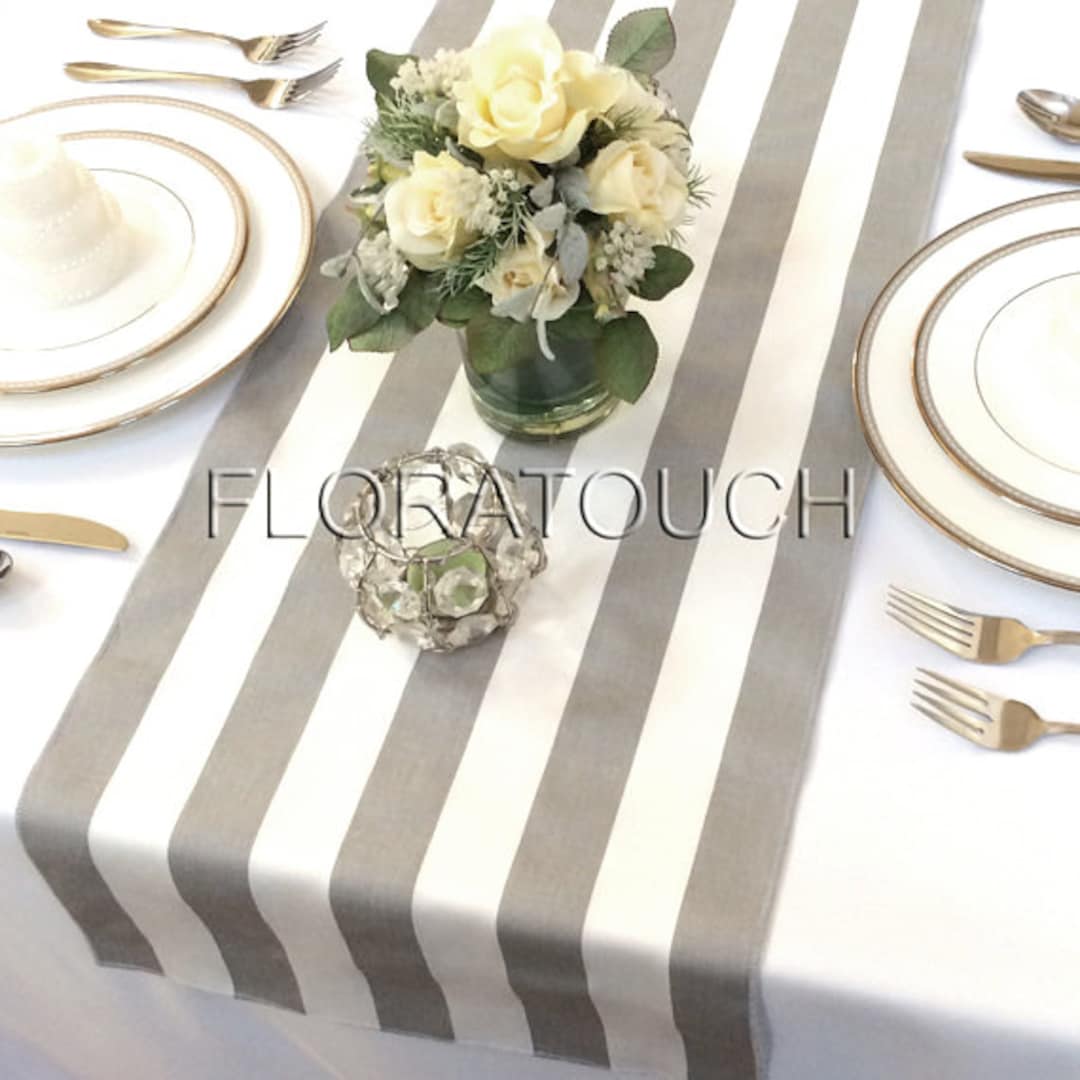White and Gray Stripe Table Runner Wedding Table Runner With Gray ...