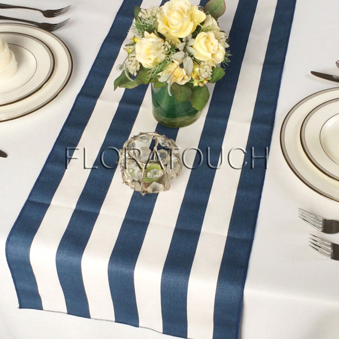 White and Navy Stripe Table Runner Wedding Table Runner With Navy ...