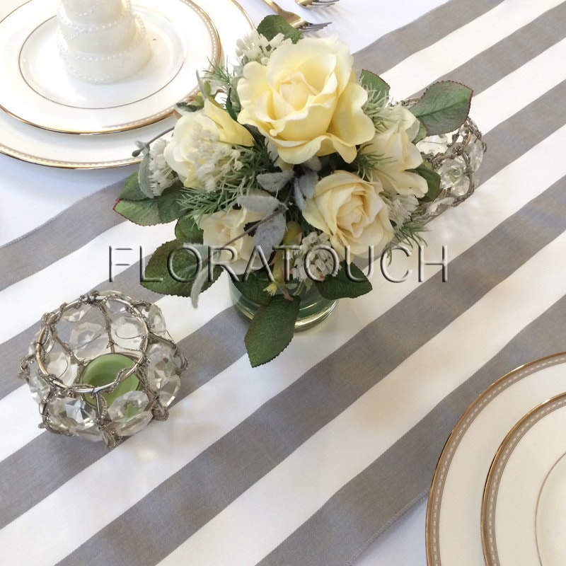 White and Gray Stripe Table Runner Wedding Table Runner With Gray ...