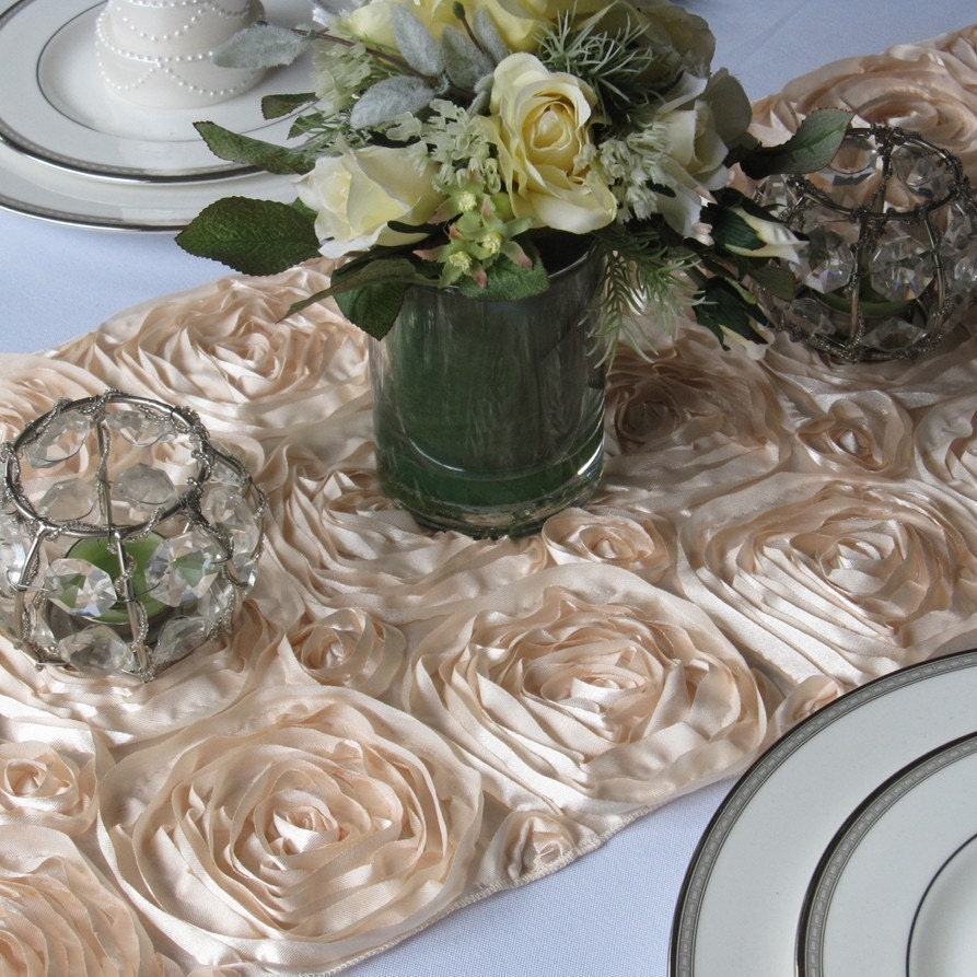 Champagne Satin Ribbon Rosette Table Runner Wedding Table Runner - Etsy