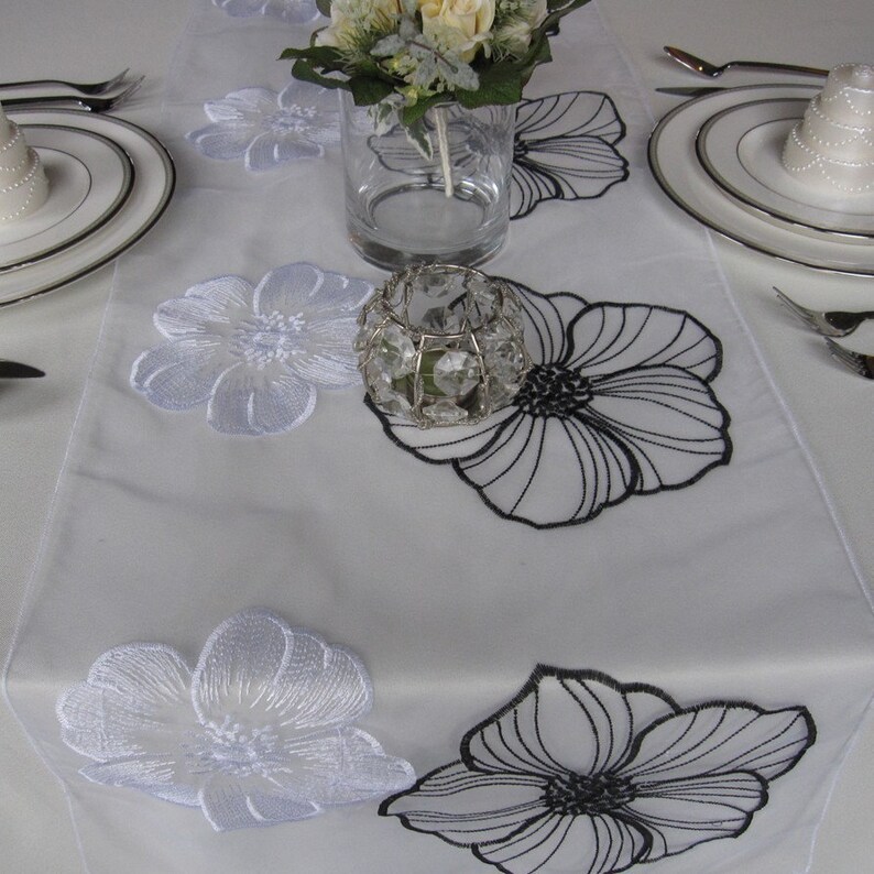 Black and White Large Flower on Sheer Organza Table Runner | Etsy