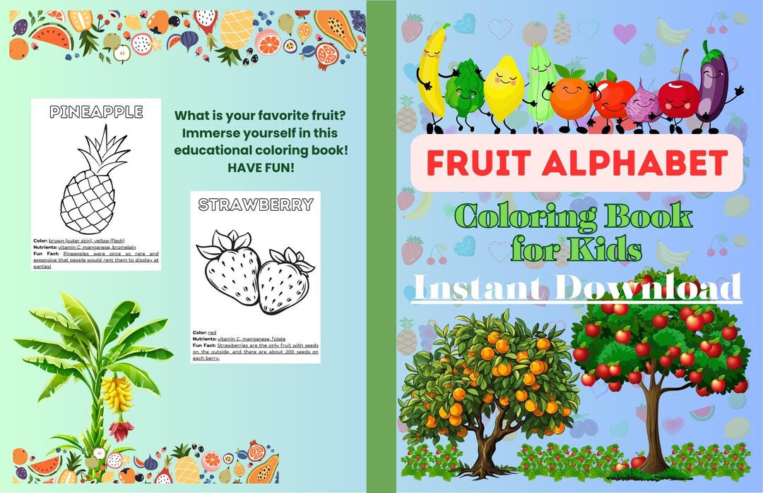 ABC Fruits Coloring Book for Kids, Fruit Alphabet Coloring Book, Fun ...