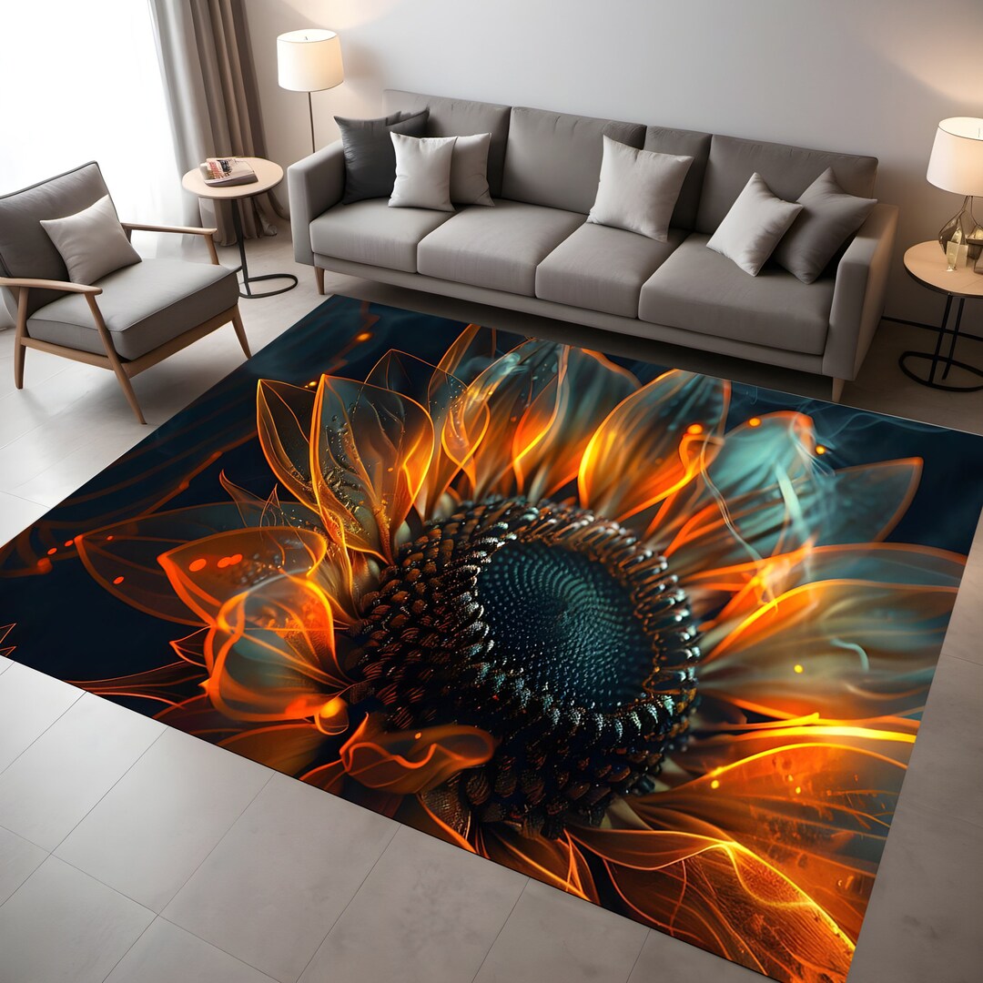 Modern Sunflower Rug: Black, White & Yellow Floral Art Carpet - Etsy