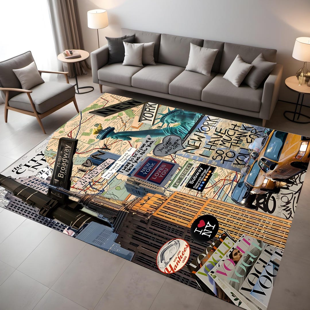 New York City Rug,nyc Skyline Rug,broadway Collage Rug,statue of ...