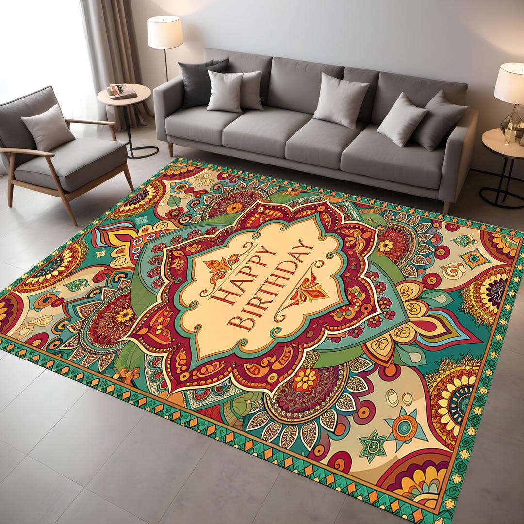 Happy Birthday Rug,mandala Rug,birthday Celebration Rug,colorful Floral ...
