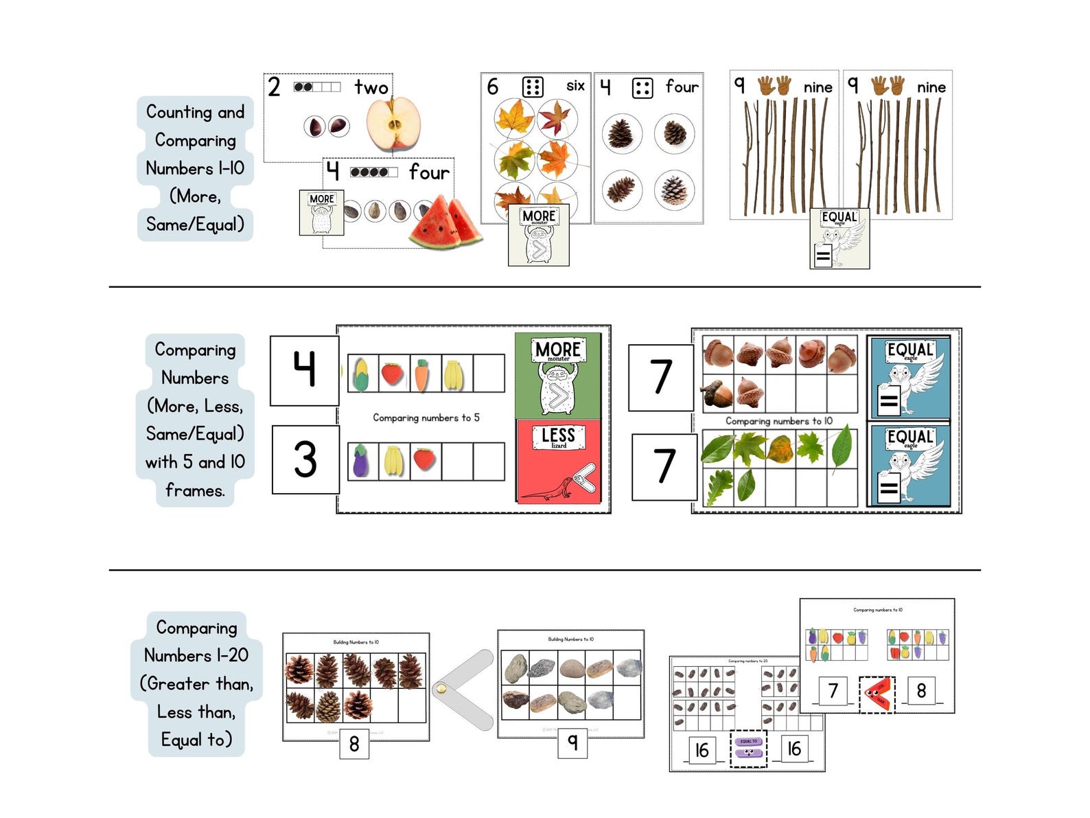 Counting, Comparing Ten Frame Numbers 1-20 BUNDLE | Nature-based Math ...