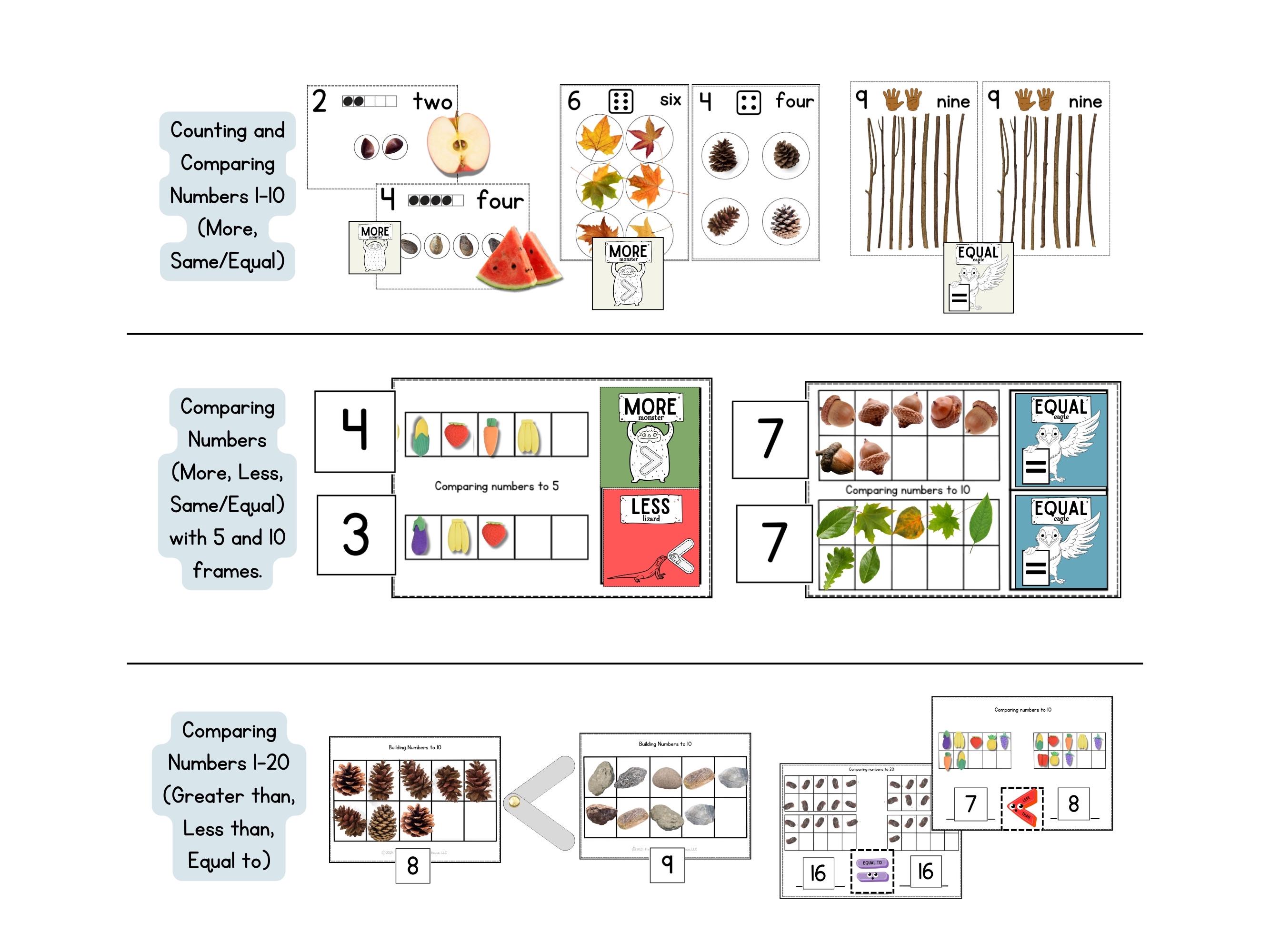 Counting, Comparing Ten Frame Numbers 1-20 BUNDLE | Nature-based Math ...