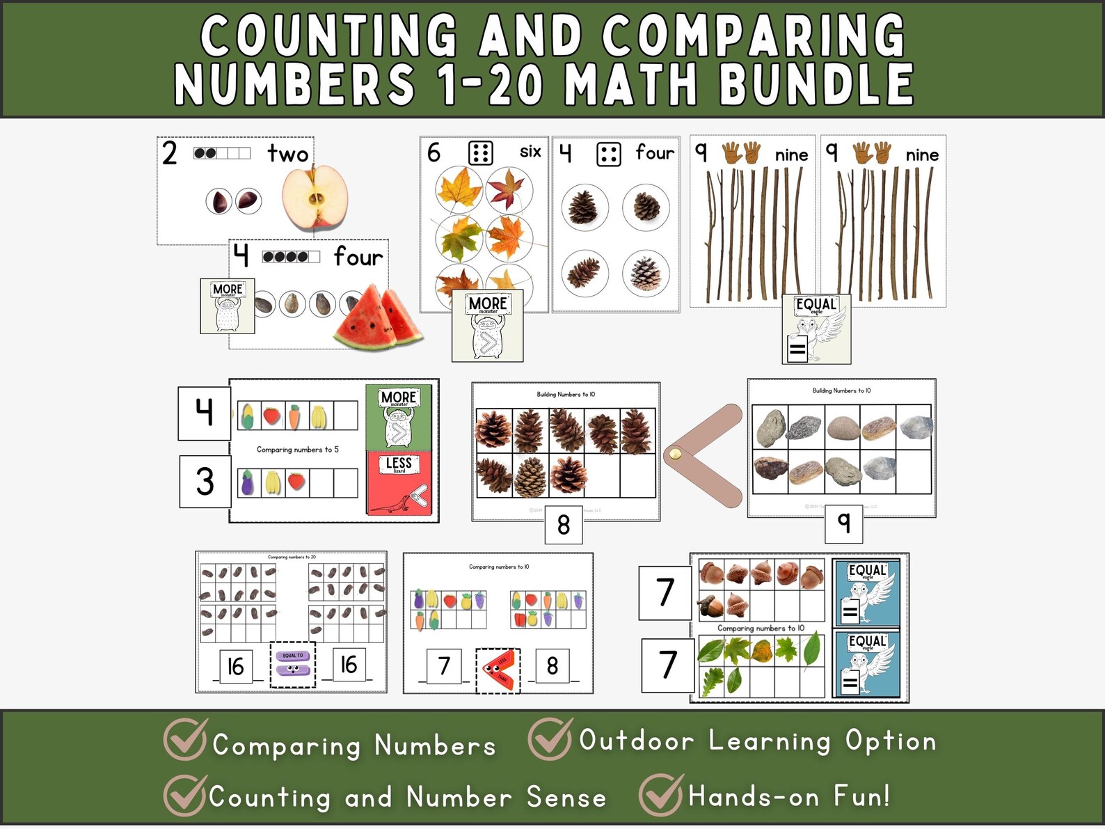 Counting, Comparing Ten Frame Numbers 1-20 BUNDLE | Nature-based Math ...
