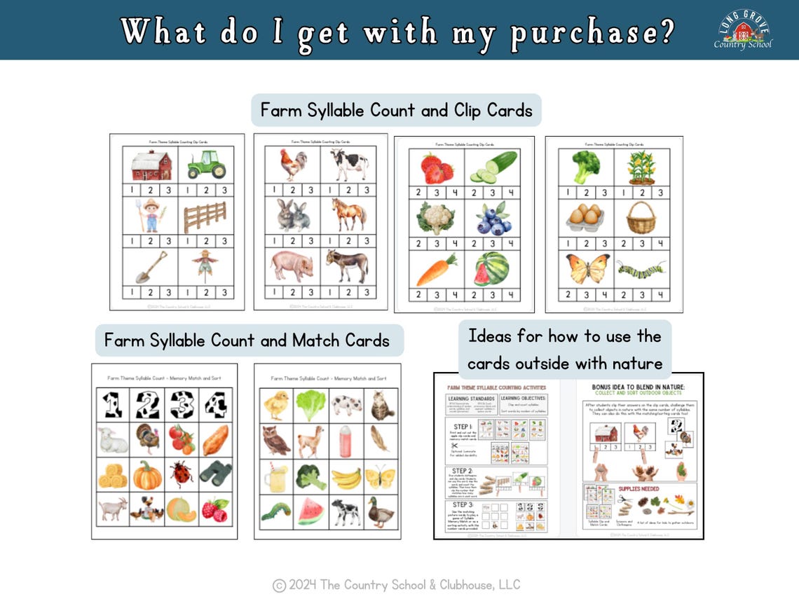 Syllable Counting Clip Cards | Syllable Sort and Match Games | Farm ...