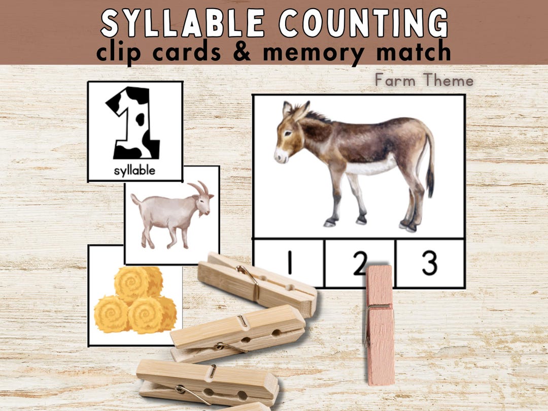 Syllable Counting Clip Cards | Syllable Sort and Match Games | Farm ...