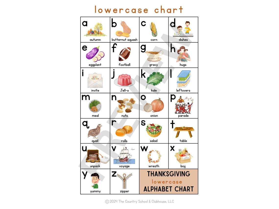 Thanksgiving Holiday ABC Alphabet Chart | Uppercase and Lowercase ...