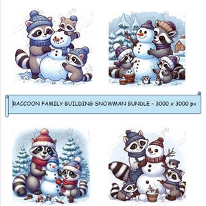 Raccoon Family Building Snowman Clipart Bundle, PNG Graphics, Set of 4 ...