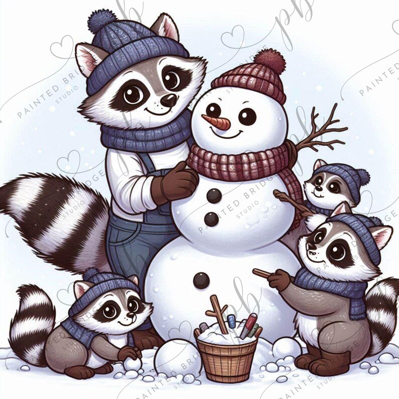 Raccoon Family Building Snowman Clipart Bundle, PNG Graphics, Set of 4 ...