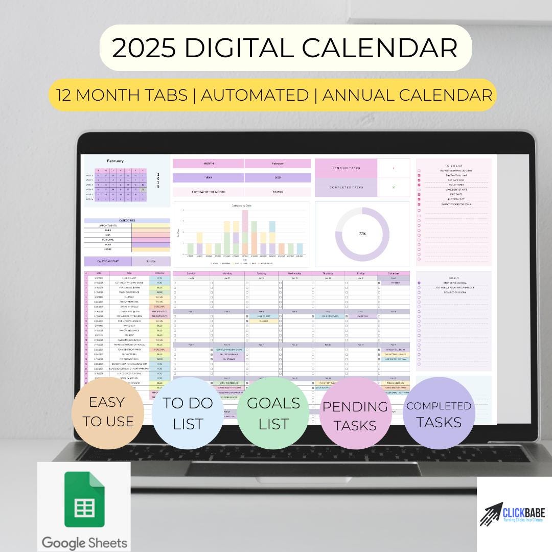 2025 Google Sheets Calendar Template Automated Yearly, Monthly Planner ...