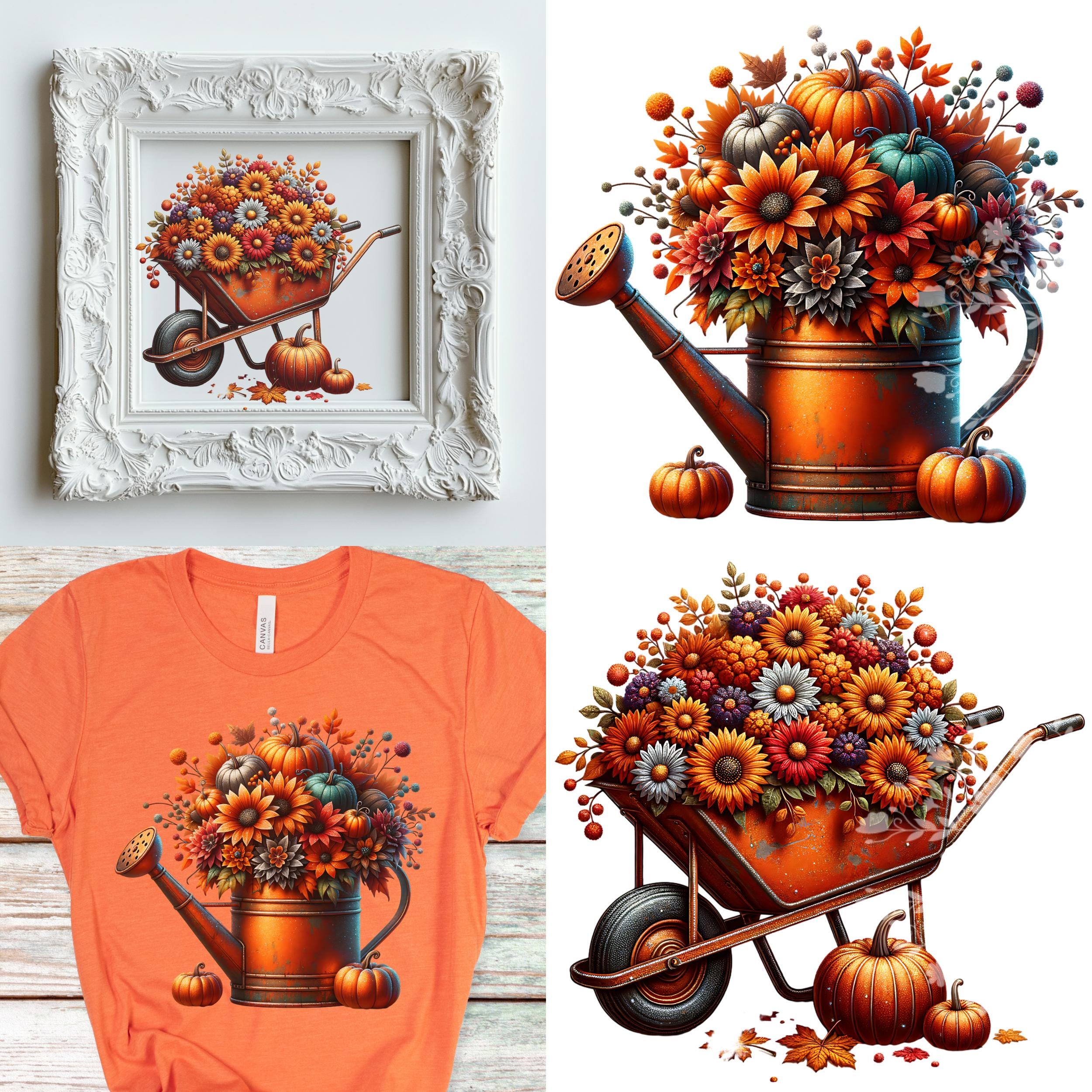 Colorful Floral Fall Wheelbarrows and Watering Cans PNG Bundle, Fall ...