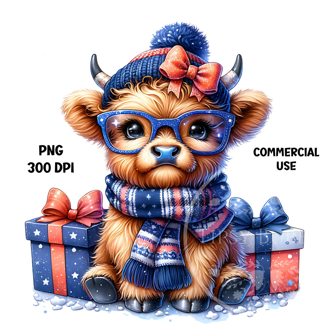 Baby Highland Cow PNG, Winter Highland Cow Clipart, Christmas Highland ...