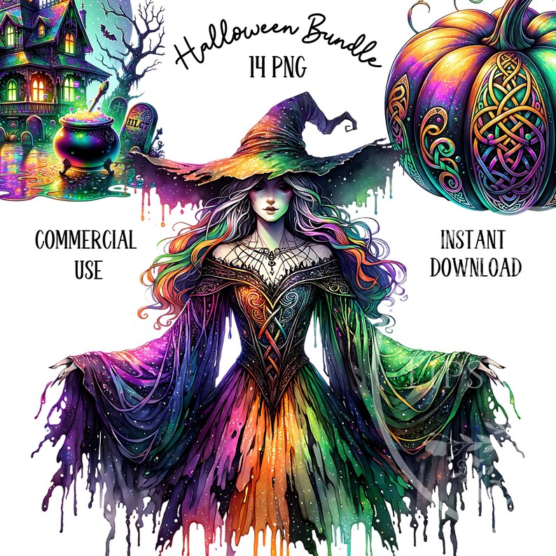 Halloween Clipart Bundle, Faux Glitter PNG, Beautiful Witch PNG ...
