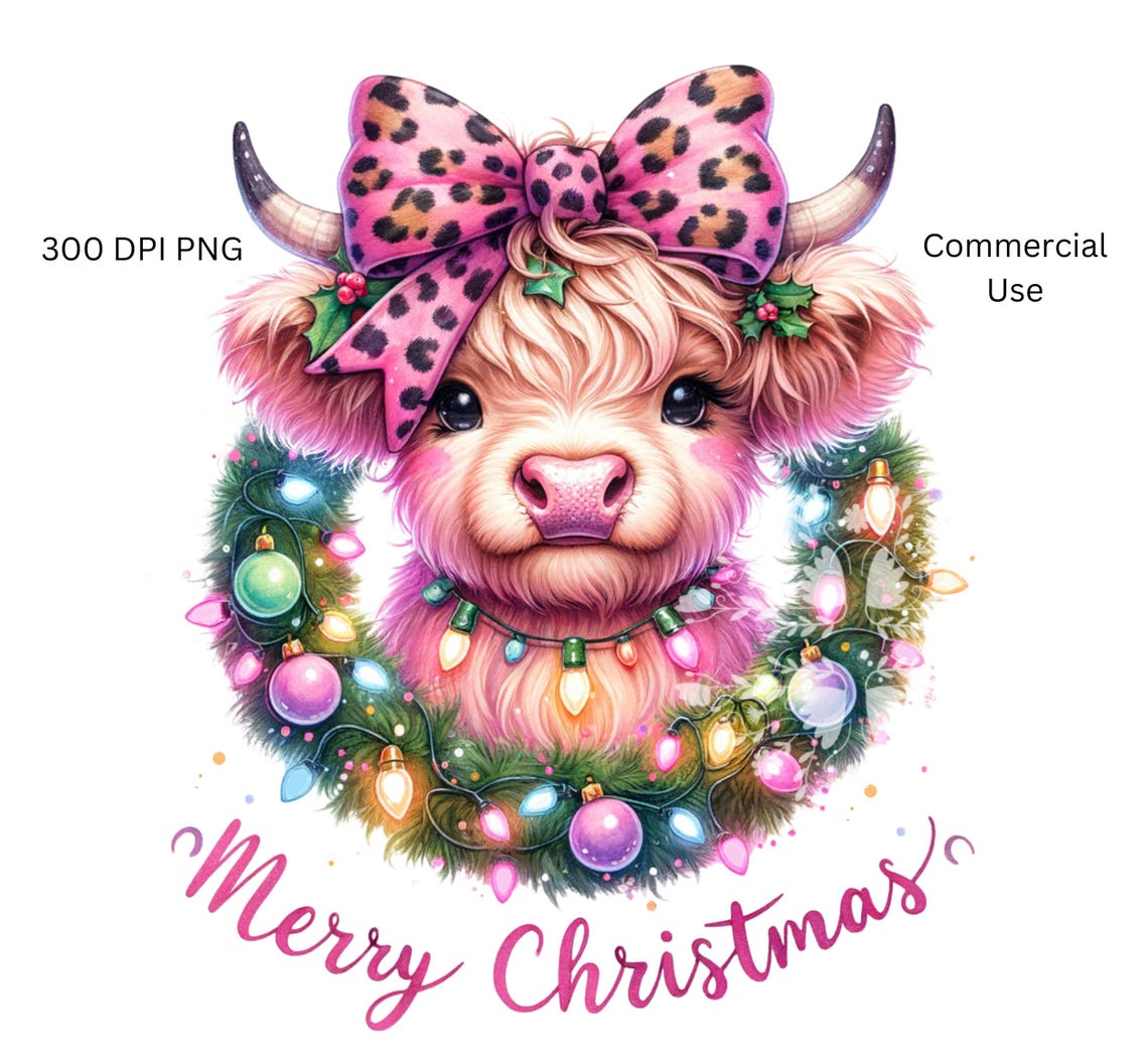 Coquette Pink Christmas PNG, Pinkmas Highland Cow Sublimation, Pink ...