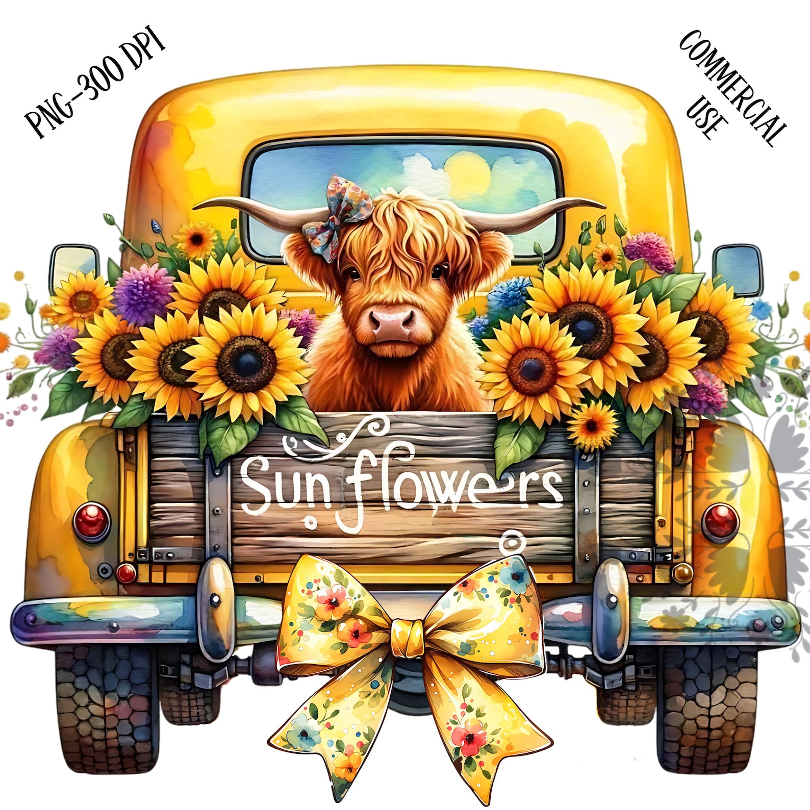Sunflower Highland Cow PNG, Watercolor Sunflowers Clipart, Highland Cow ...