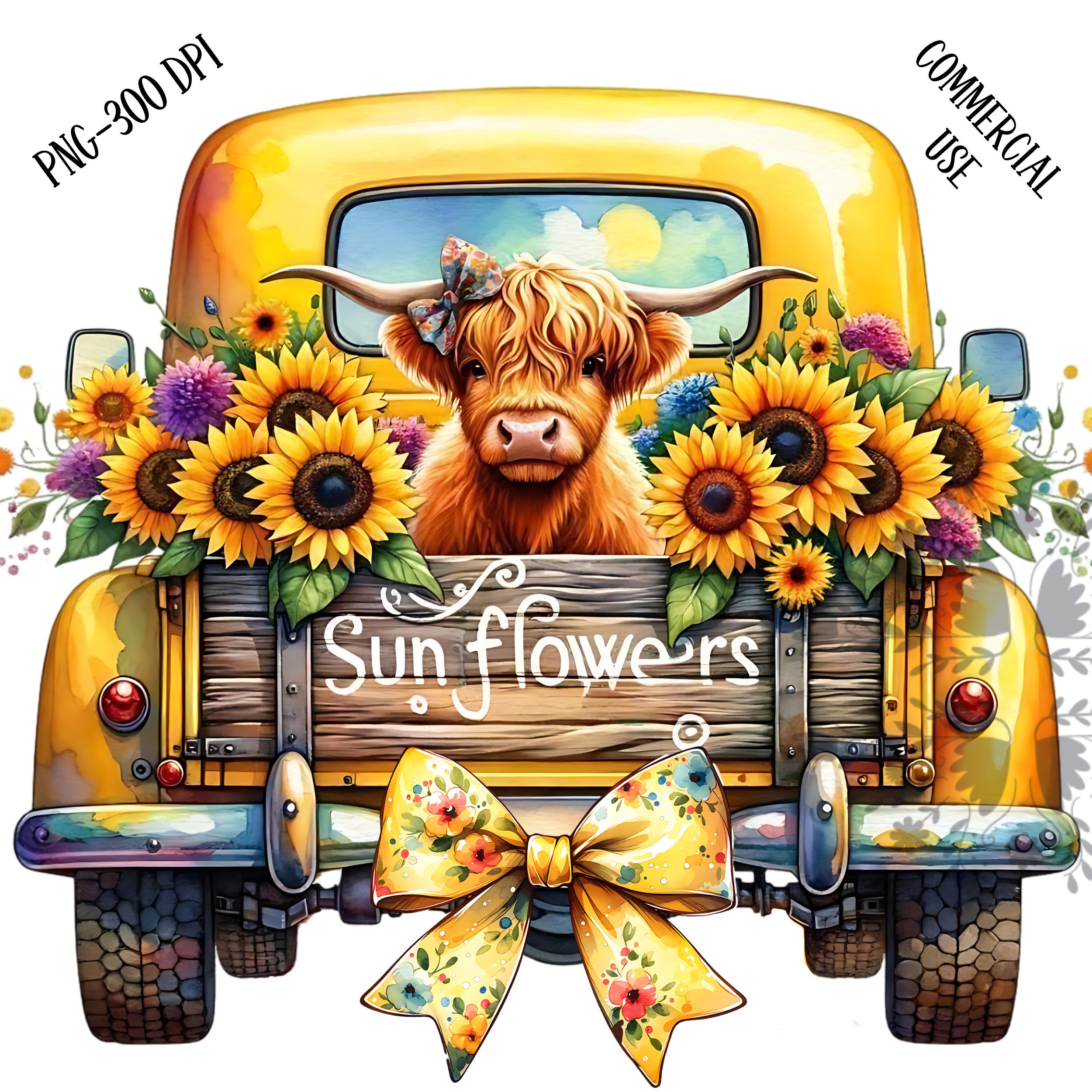 Sunflower Highland Cow PNG, Watercolor Sunflowers Clipart, Highland Cow ...