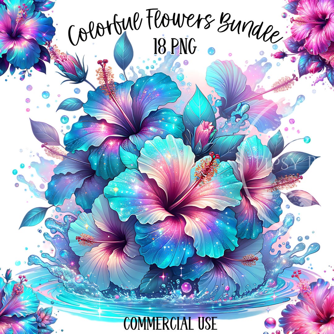 Colorful Flowers Clipart Bundle, Pink Flowers PNG, Faux Glitter Flowers ...