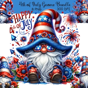 4th of July Gnome PNG Bundle, Watercolor Gnome Clipart, Sublimation ...