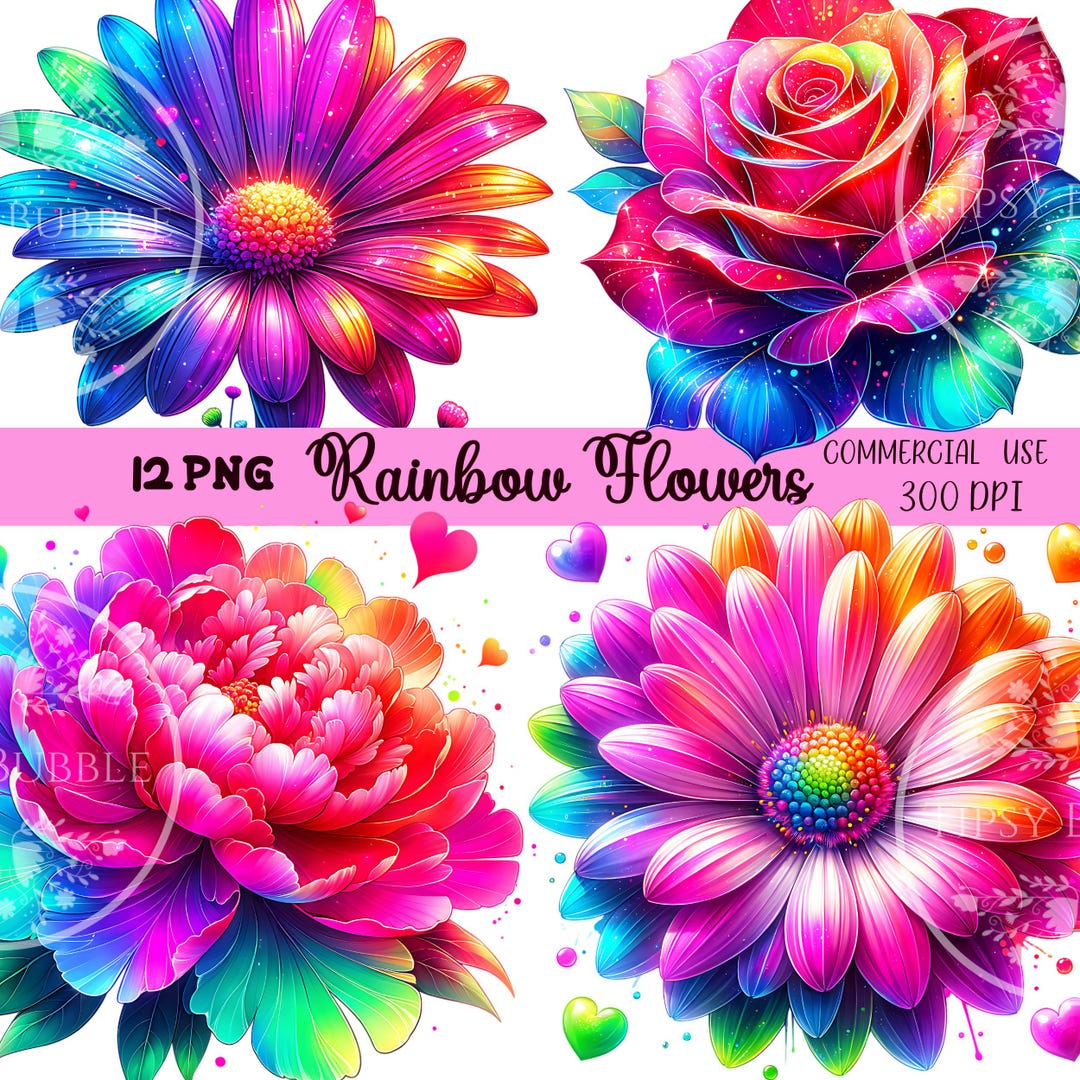 Rainbow Flowers Clipart Bundle, Colorful Flowers PNG, Sublimation Files ...