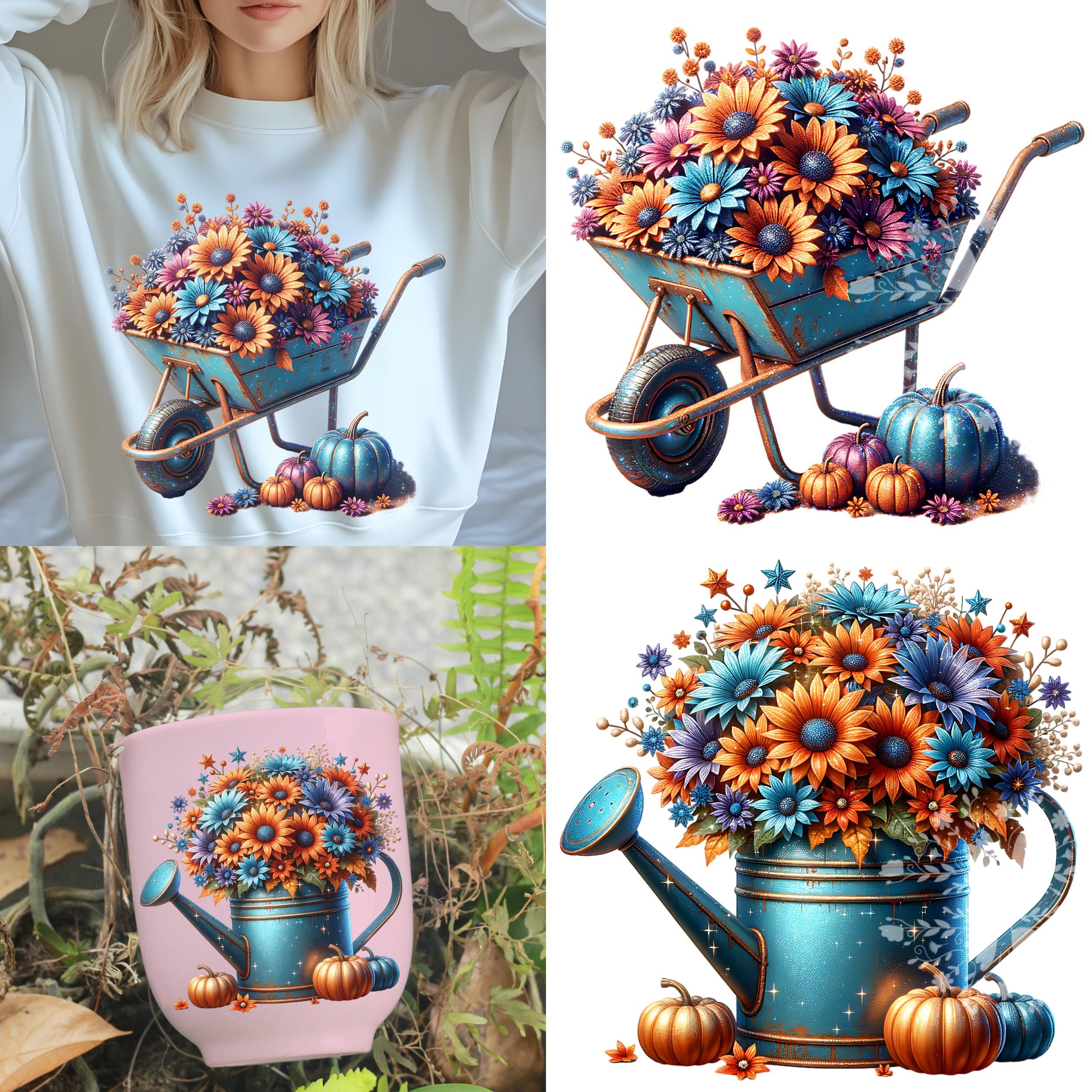 Colorful Floral Fall Wheelbarrows and Watering Cans PNG Bundle, Fall ...
