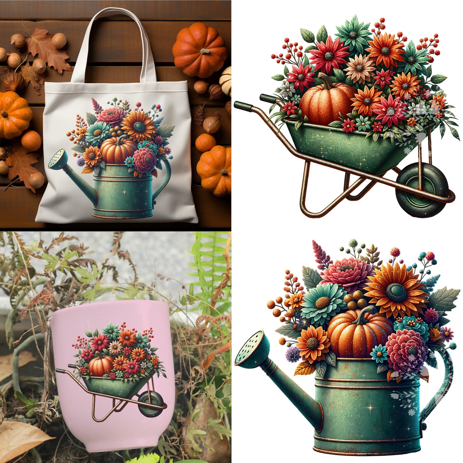 Colorful Floral Fall Wheelbarrows and Watering Cans PNG Bundle, Fall ...