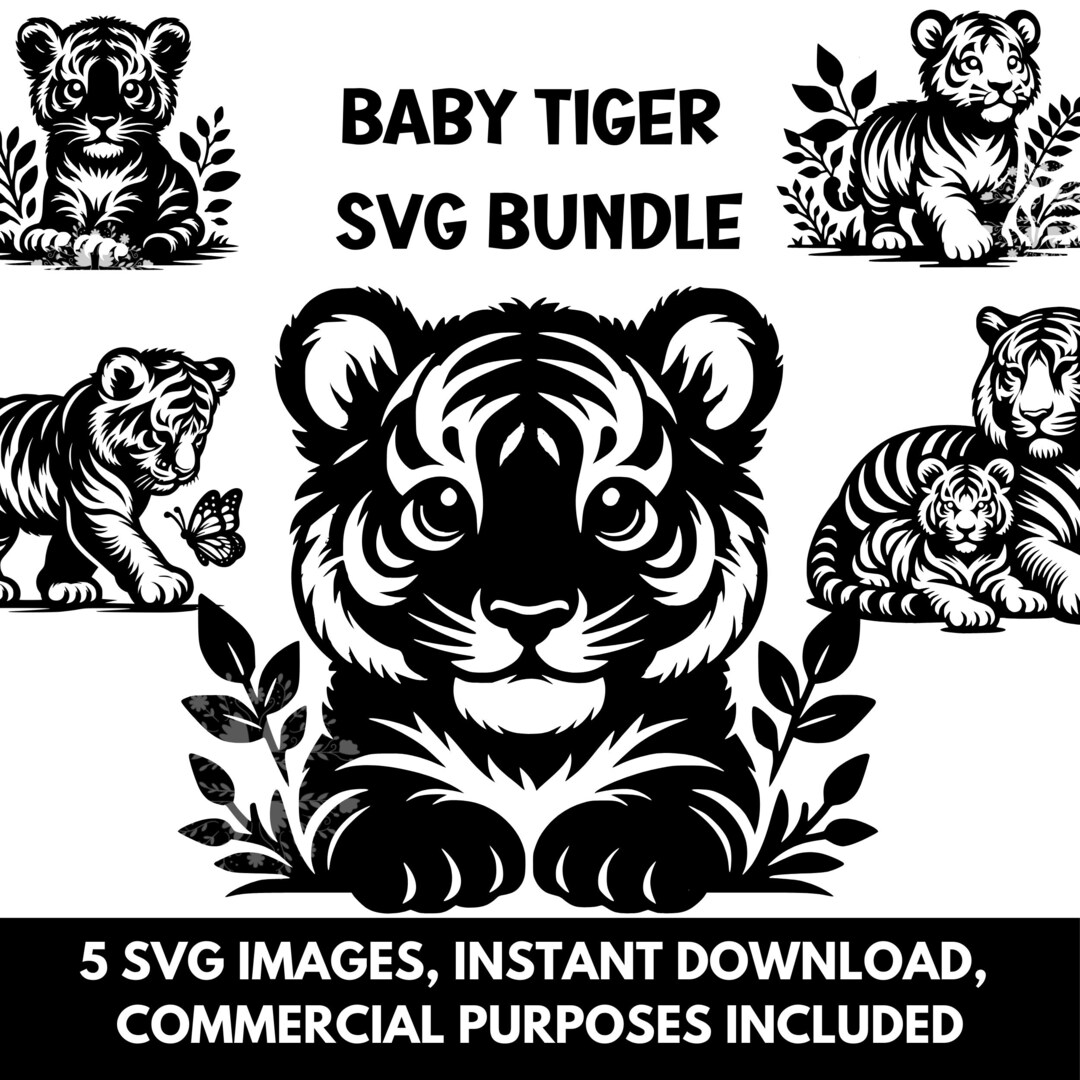 Baby Tiger SVG Bundle, Tiger Clipart, Tiger Outline SVG, Baby Tiger Cut ...