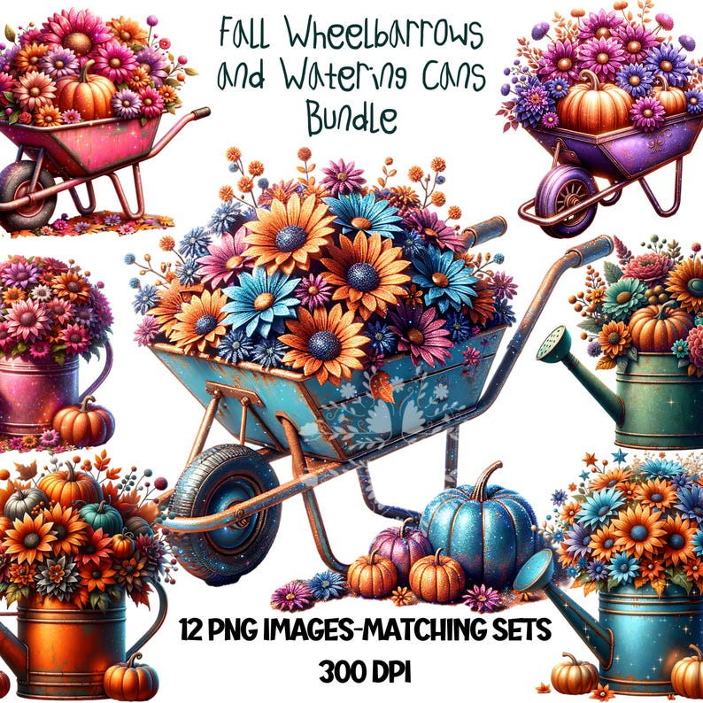 Colorful Floral Fall Wheelbarrows and Watering Cans PNG Bundle, Fall ...