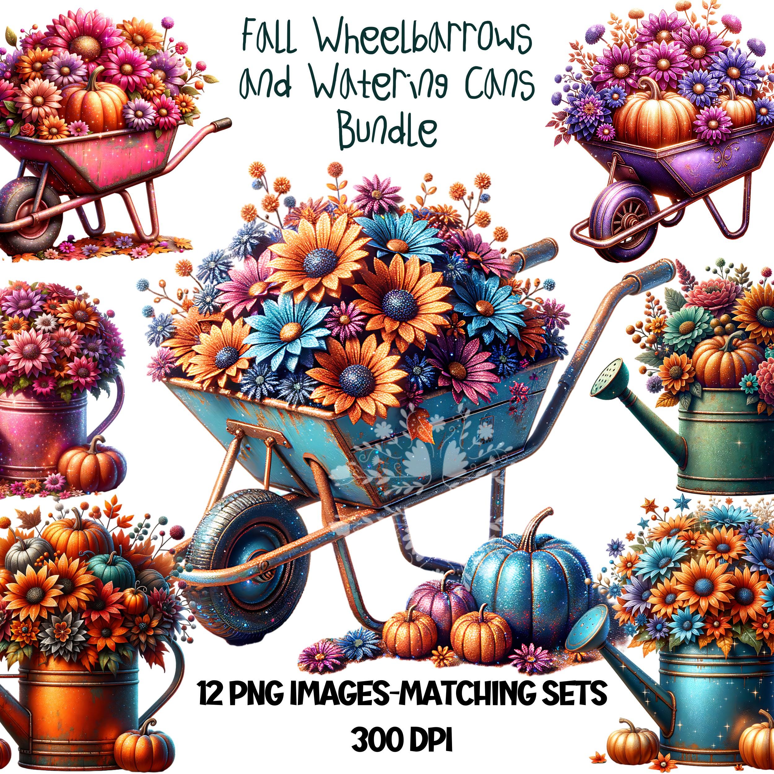 Colorful Floral Fall Wheelbarrows and Watering Cans PNG Bundle, Fall ...