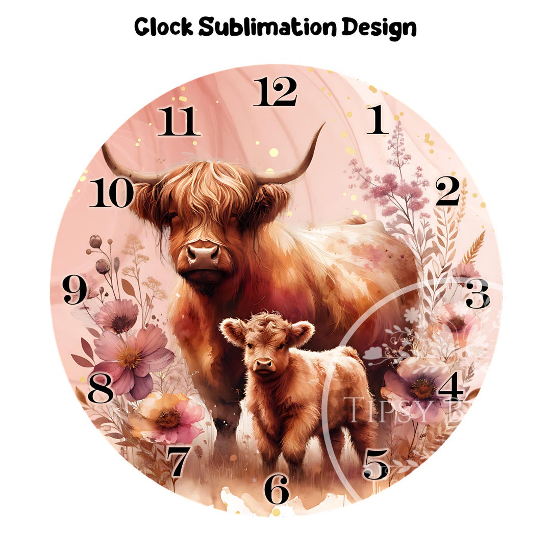 Highland Cow Clock Sublimation PNG, Baby Highland Cow Clipart, Clock ...