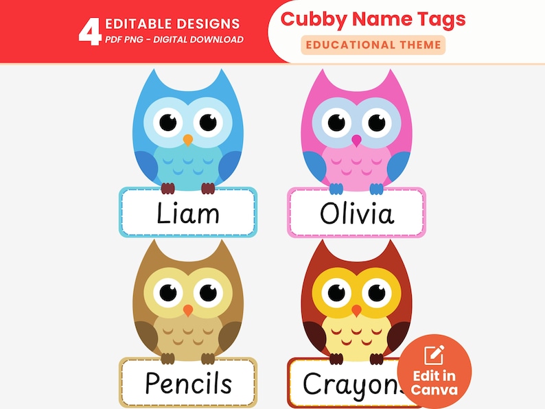 Owl Theme Cubby Name Tags Editable Kids Student Name Tags School Supply ...