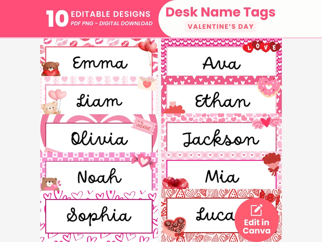 Valentine's Day Desk Name Tags Editable Red and Pink Hearts Student ...
