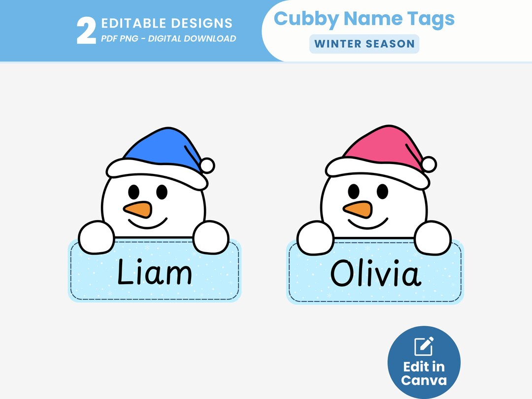 Snowman Cubby Name Tags Editable Boy and Girl Locker Name Tags Cute ...