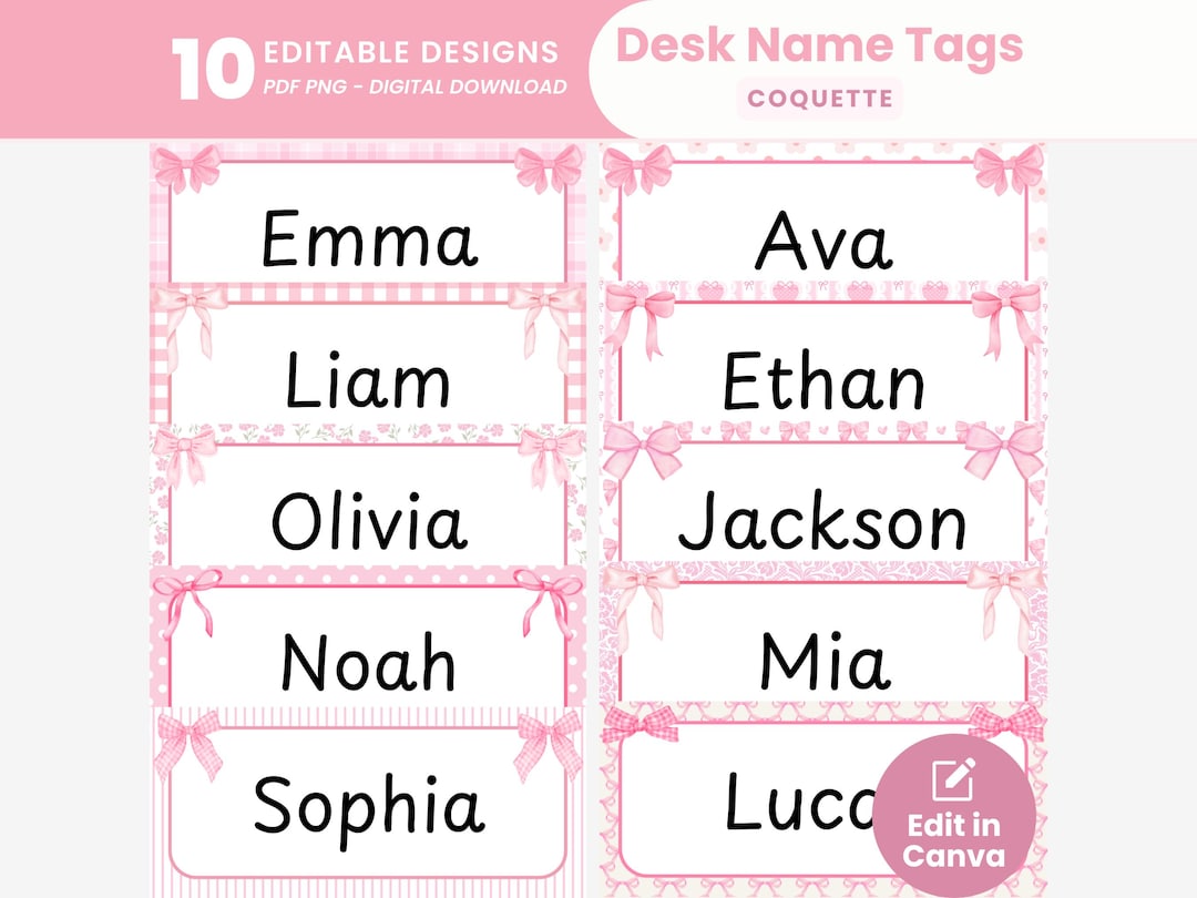 Coquette Desk Name Tags Editable Pink Ribbon Bow Student Name Labels ...
