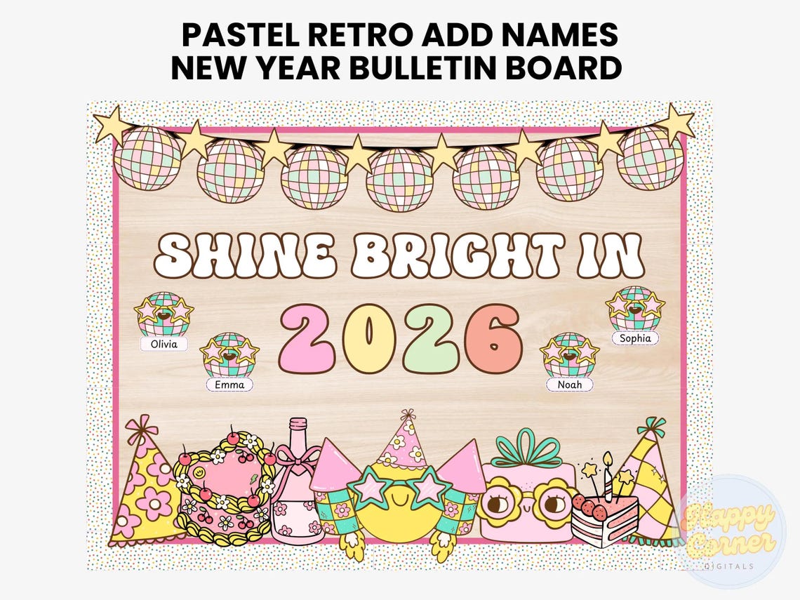 Pastel Retro Shine Bright in 2026 With Disco Ball Name Tags Bulletin ...