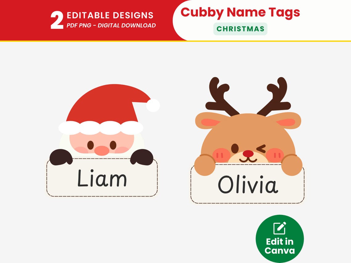 Christmas Cubby Name Tags Editable Santa Claus and Reindeer Peeking ...