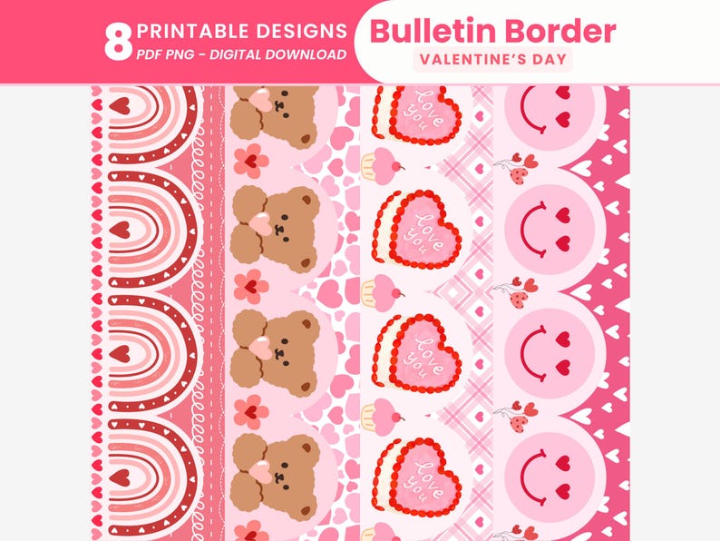 Valentine's Day Bulletin Board Borders Printable Pink Rainbow Heart ...