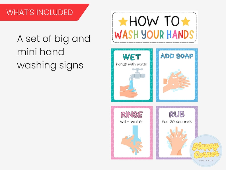 Hand Washing Steps Signs Bright Posters Big and Mini Printable Hand ...