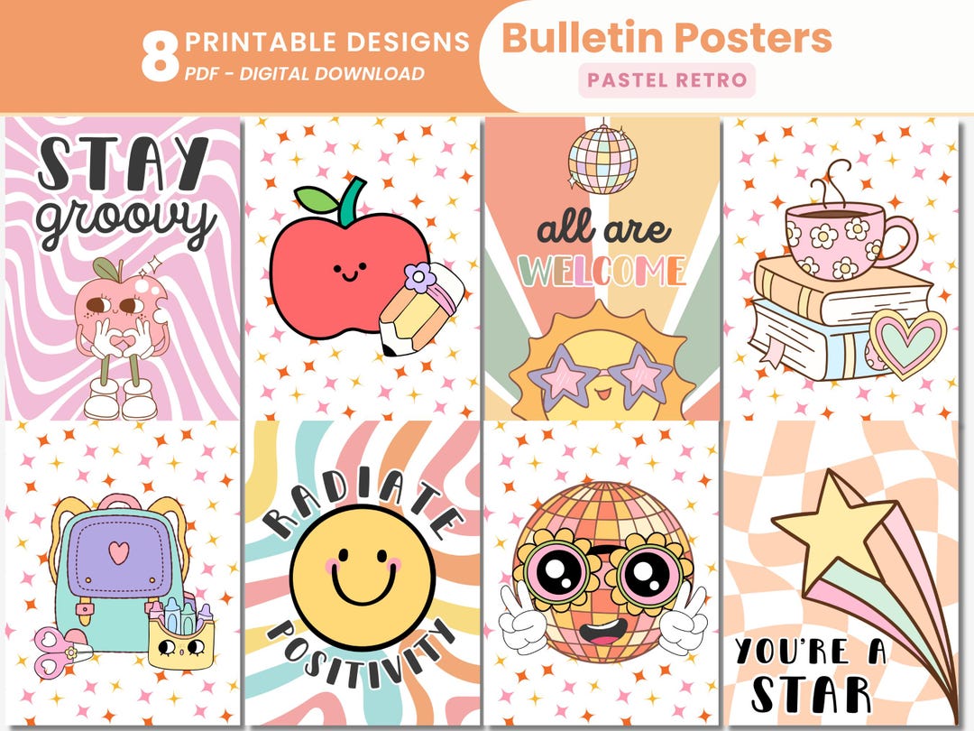 Pastel Retro Classroom Posters Display Set of 8 Printable Groovy ...