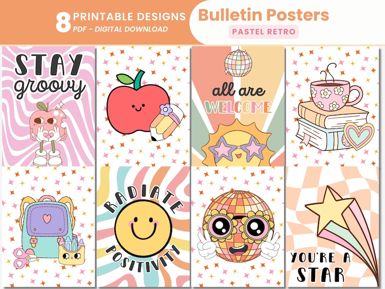 Pastel Retro Classroom Posters Display Set of 8 Printable Groovy ...