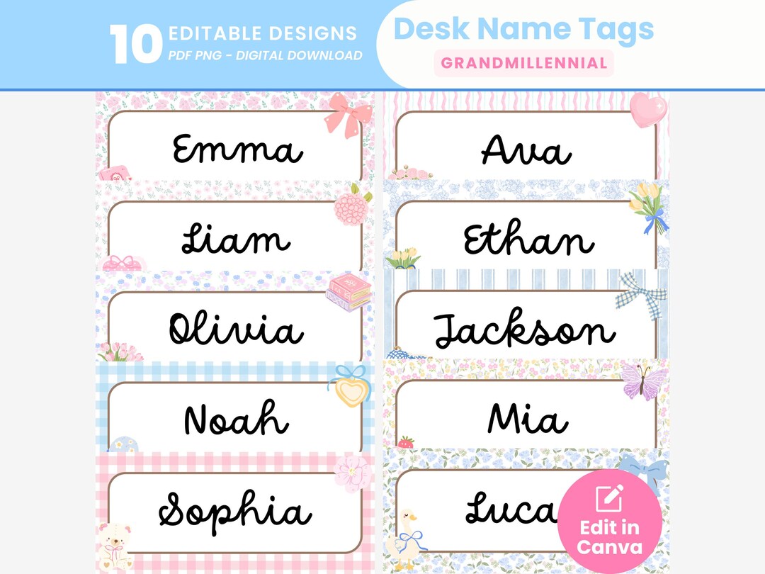Grandmillennial Desk Name Tags Editable Preppy Pastel Student Desk Name ...