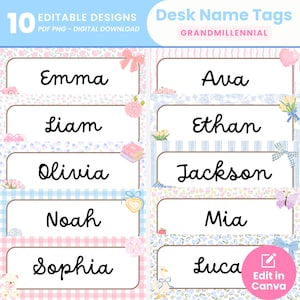 Grandmillennial Desk Name Tags Editable Preppy Pastel Student Desk Name ...