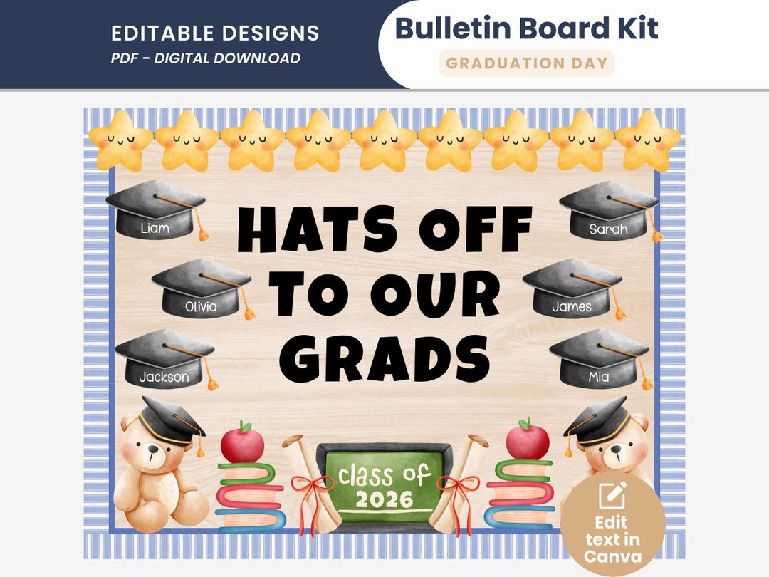 Bear Theme Graduation Add Student Names Bulletin Board Kit Editable End ...