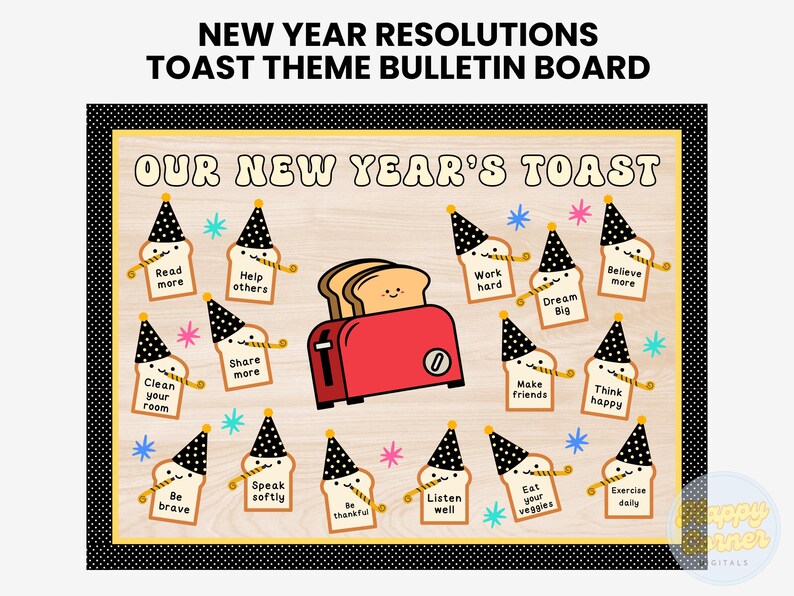 New Year Resolutions Toast Theme Pun Bulletin Board Kit Printable New ...