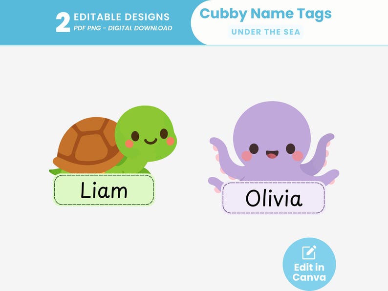 Baby Turtle and Octopus Cubby Name Tags Editable Animals Name Tags ...
