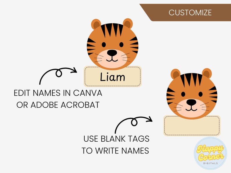 Wild Safari Cubby Name Tags Editable Animal Name Tags Tiger and Lion ...