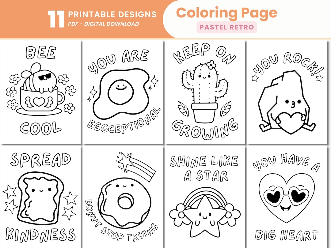 Kawaii Retro Affirmations Easy Coloring Pages Printable Cute Groovy ...